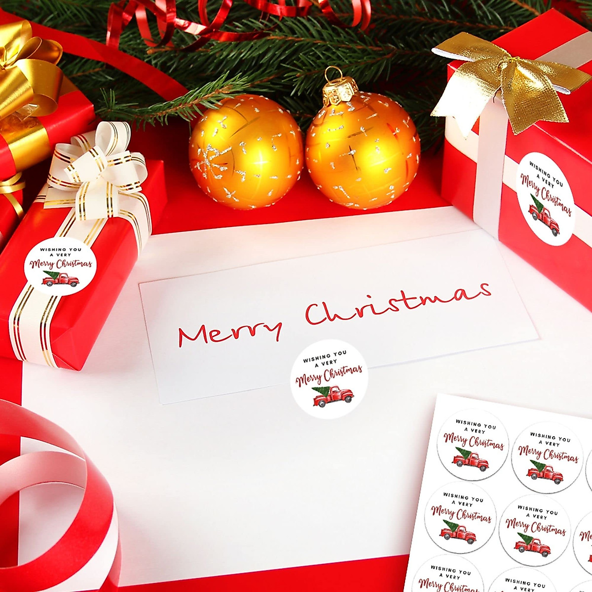 Mobiusea Creation Merry Christmas Stickers | Envelope Seals | 1.4 inch | Red Truck Labels | Waterproof | 90-Pack for Christmas Gifts, Holiday Stickers for Envelopes, Holiday Cards