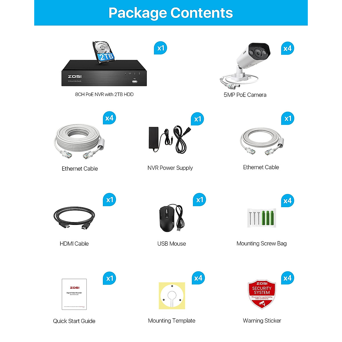 ZOSI 8CH 4K Spotlight Home PoE Security Camera System,8 Ports 16CH 8MP NVR with 2TB HDD,4 x 5MP Outdoor PoE IP Cameras,Person Vehicle Detection,2-Way Audio,Night Vision,Sound Alarm,for 24-7 Recording