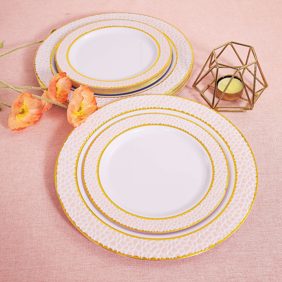 Liacere Plastic Plates, 102PCS Pink w/Gold Rim - Classic Style Disposable Plates for Mother's Day, Party, Easter & All Occasions