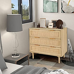 HOPUBUY 3 Drawer Dresser for Bedroom, Rattan Modern Closet Dressers Chest of Drawers, Wood Oak Storage Chest for Kids Bedroom, Hallway, Living Room