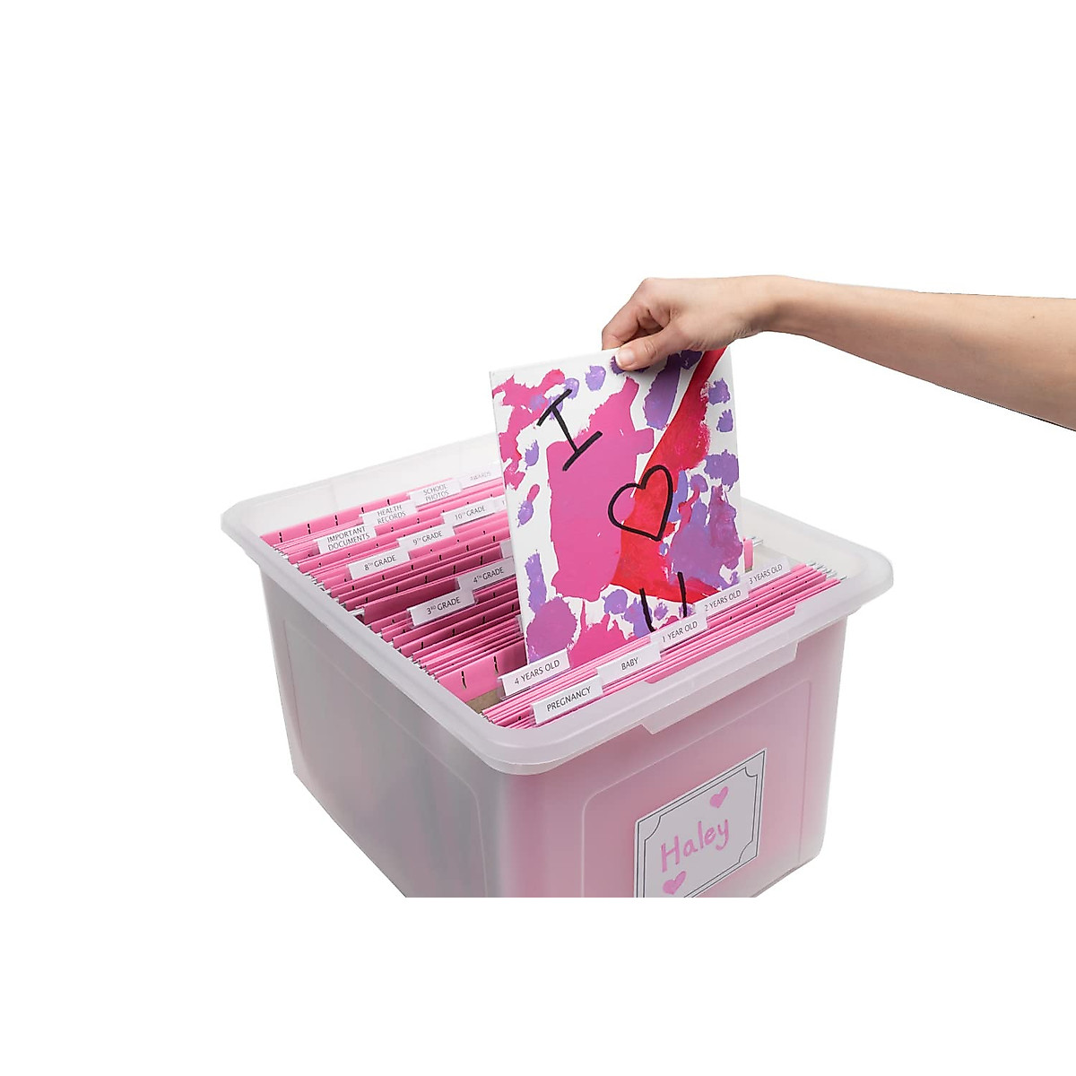Kid's Craft Memory Keepsake Organizer Box - Clear Storage Latching Bin with Hanging File Folders and Custom Tab Inserts (Pink)