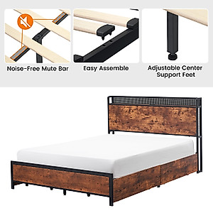 IDEALHOUSE Full Size Bed Frame with Storage Drawers and Charging Station, LED Light Full Bed Frame with Storage Headboard, Metal Platform Bed with Strong Wood Slats Support, No Box Spring Needed