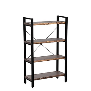 WH-AOERPUMY Solid Wood Bookshelf,4 Tier Rustic Vintage Industrial Etagere Bookcase, Open Metal and Wood Vintage Book Shelf, Retro Brown (Real Wood)(4-Tier)