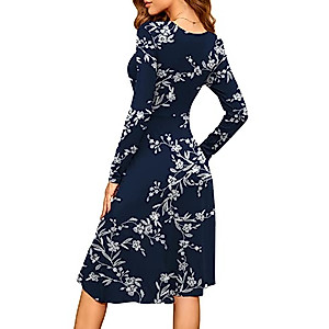 WEACZZY Womens Dresses Long Sleeve Casual Holiday Dress V-Neck Party Dress with Pockets, Floral Navy, Medium