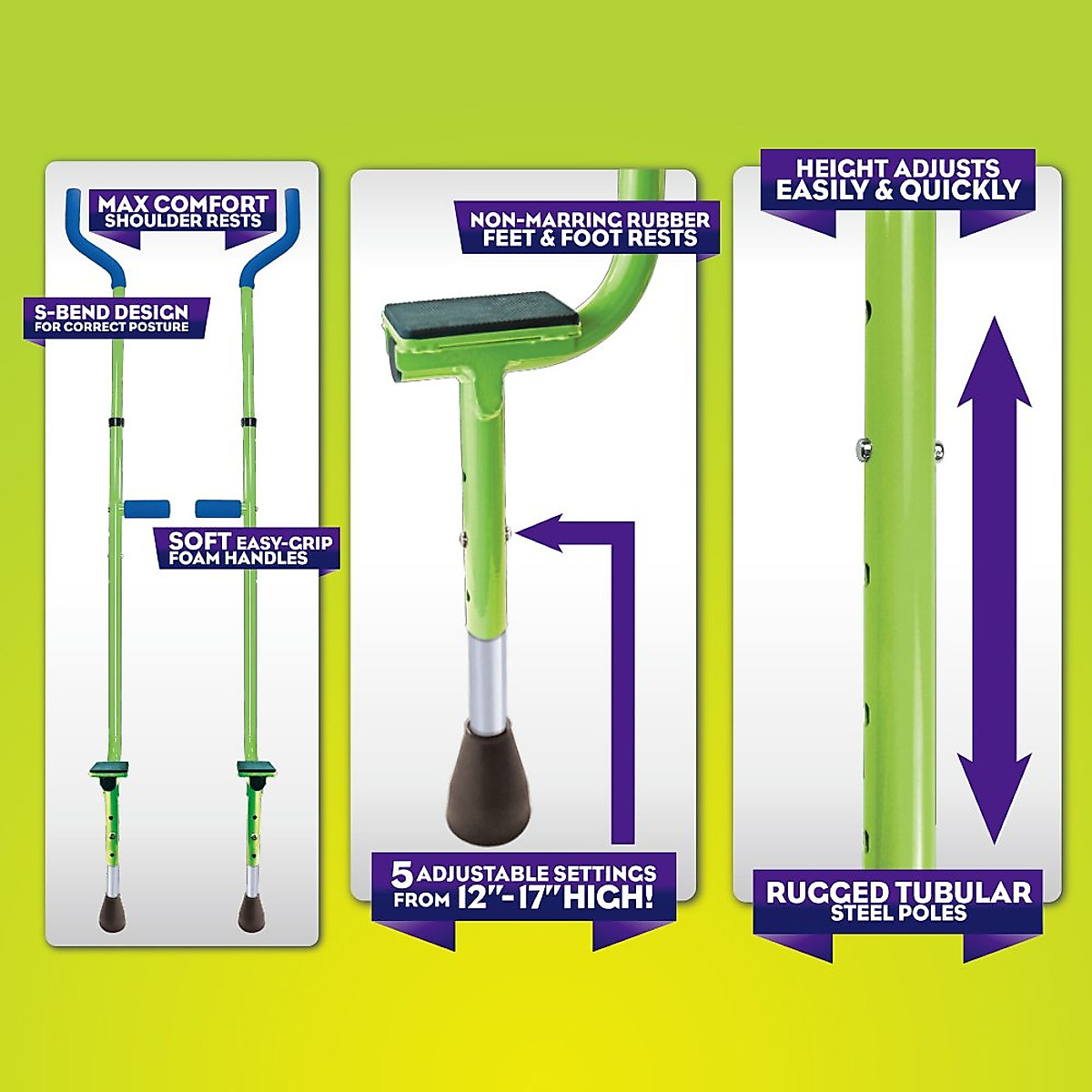 Geospace Original Walkaroo Xtreme Steel Balance Stilts with Height Adjustable Vert Lifters For Outdoor/Indoor Active Play & Exercise; For Adults & Kids up to 250 lbs (Green)