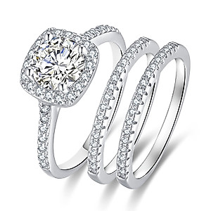 CEJUG 18k White Gold Plated Wedding Rings for Women Engagement Bands Bridal Set Halo Round 2.0Ct Cz Size 7