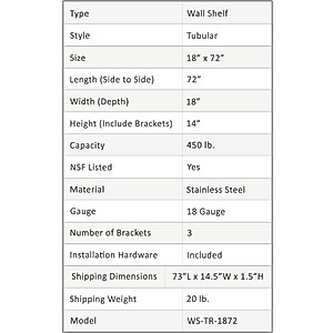 AmGood 72" Long X 18" Deep Stainless Steel Tubular Wall Shelf | NSF Certified | Appliance & Equipment Metal Shelving | Kitchen, Restaurant, Garage, Laundry, Utility Room