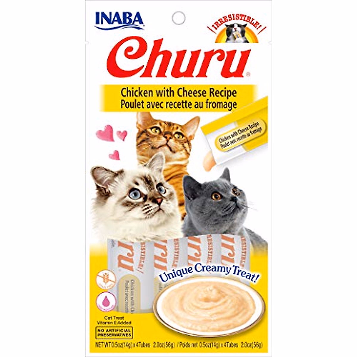 INABA Churu Lickable Purée Natural Cat Treats (Chicken with Cheese Recipe, 4 Tubes)
