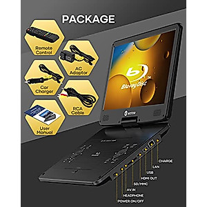 WONNIE 16.9" Portable Blu ray DVD Player with 14.1" 1080P HD Swivel Screen, 4-Hour Rechargeable Battery, Supports HDMI Output, Dolby Audio, Last Memory, Region Free, USB/SD Card, AV in