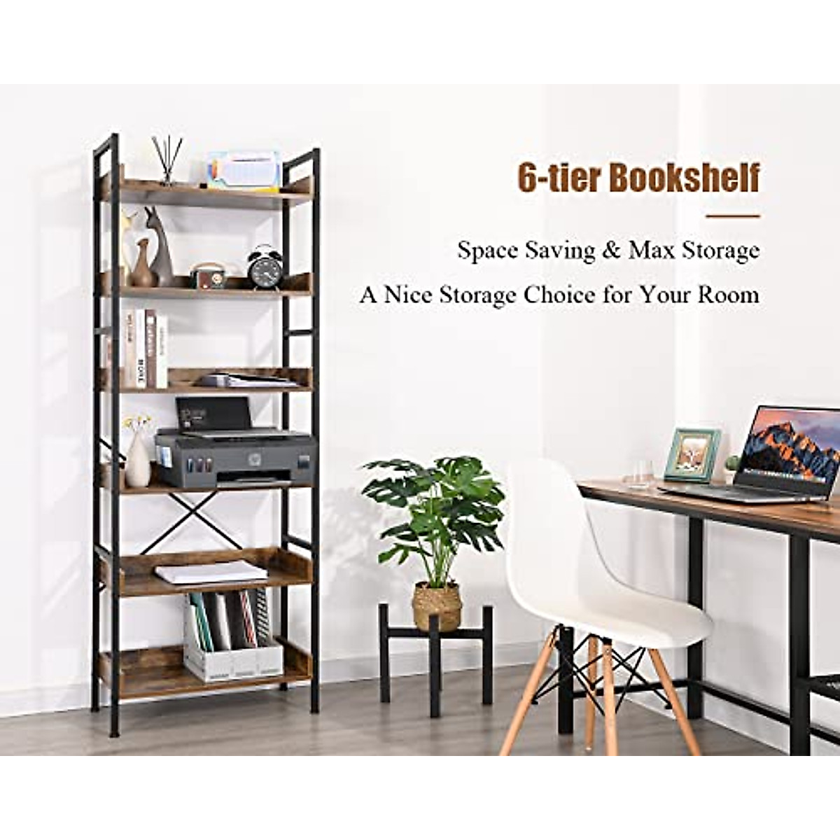 RokiaTek Bookshelf Bookcase 6-Tier Storage Rack with Open Shelves, Vintage Standing Bookshelves Metal Frame Industrial Display Rack for Living Room Bedroom, Rustic Brown and Matte Black