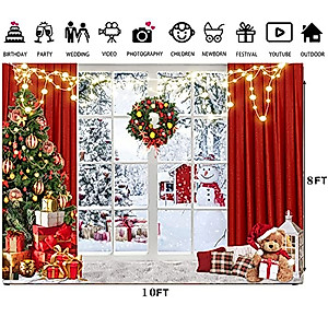LTLYH Christmas Backdrop 10x8ft Christmas Winter Snow Red Window Photo Backdrop Xmas Holiday Photo Booth Portrait Party Banner Decor Background