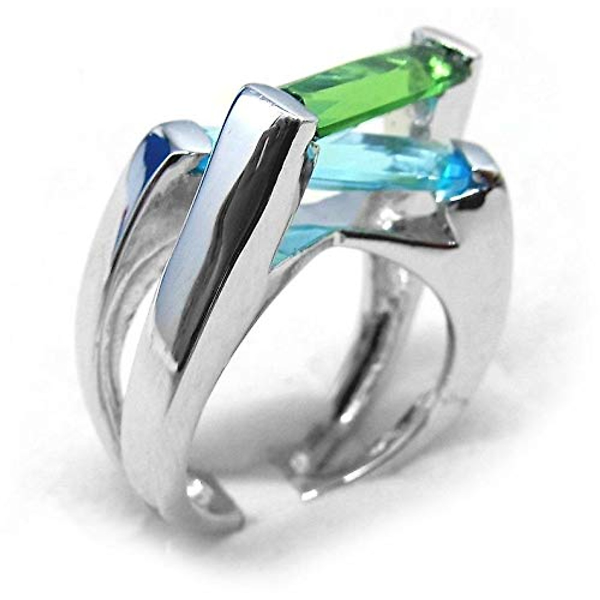 R98S 4.0ct. Blue & Green Helenite Floating Crossover Sterling Silver Modern Ring (9)