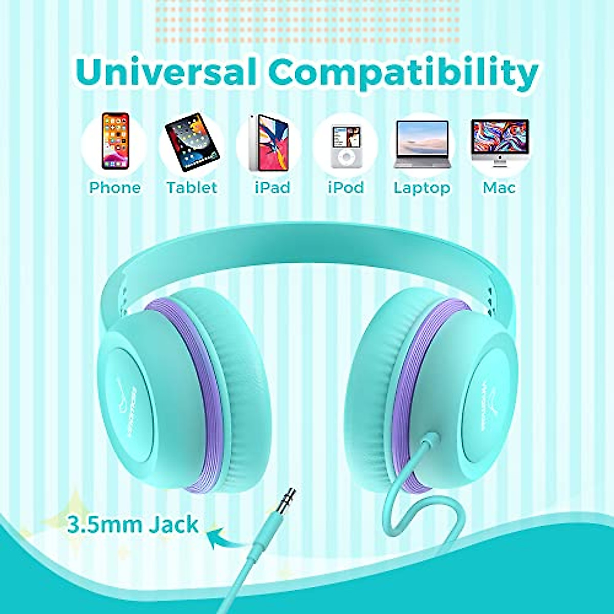 vinamass Kids Headphones, Ear Headphones for Kids, Wired Headphones with Safe Volume Limiter 85dB, Adjustable and Flexible for Kids, Boys, Girls,Suit for School Classroom Students Teens Children