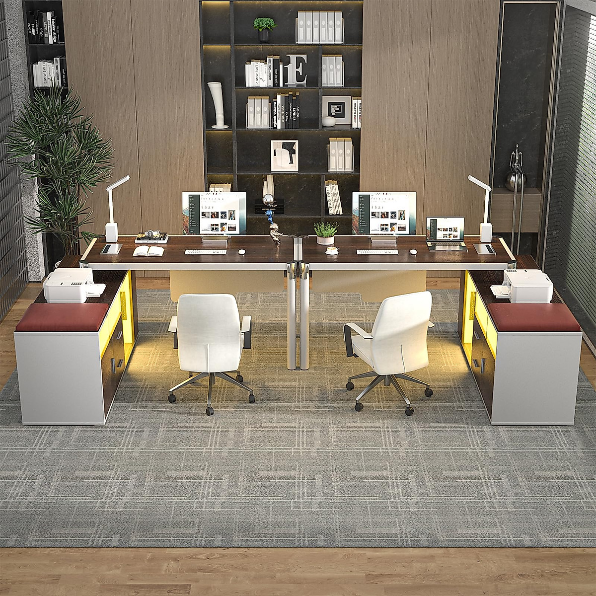 Cyclysio L Shaped Desk with File Cabinet and Power Strip, Reversible Corner Office Desk with LED Lights, Large L-Shaped Computer Desk with Drawer and Storage for Home Office, Soft Cushions, Espresso
