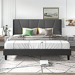 Allewie King Size Upholstered Platform Bed Frame / Geometric Wingback Headboard / Mattress Foundation / Wood Slat Support / No Box Spring Needed / Easy Assembly, Dark Grey