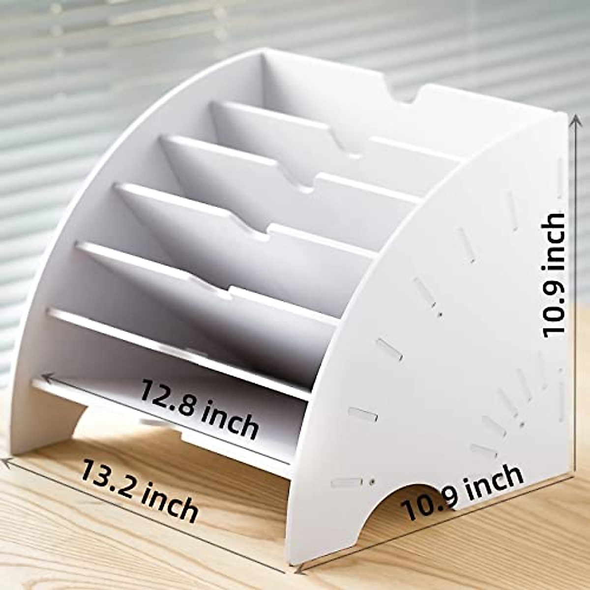 THUMEYE File Organizer for Desk, Fan-Shaped Desktop Organizer for Document/Letter/Paper with 6 Compartments, File Folder Organizer for Office School Home, White, 13.2'' D x 10.9'' W x 10.9'' H