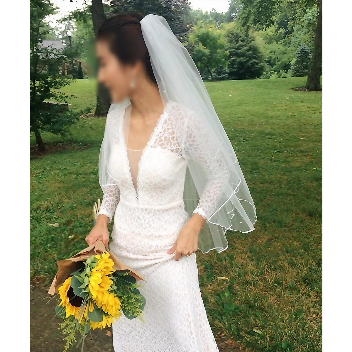 SAMKY 2T 2 Tier 1/8" Ribbon Crystal Circular Veil - White Fingertip Length 36" V518