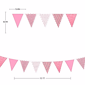 32Ft Hot Pink Striped Dot Pennant Banner Fabric Triangle Flag Bunting Garland Streamers for Wedding Birthday Baby Bridal Shower Party Home Nursery Outdoor Garden Hanging Festivals Decorations