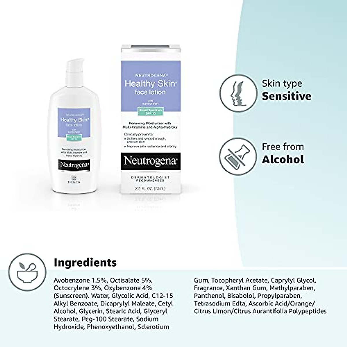 Neutrogena Healthy Skin Face Moisturizer Lotion with SPF 15 Sunscreen & Alpha Hydroxy Acid - Anti Wrinkle Cream with Glycerin, Glycolic Acid, Alpha Hydroxy, Vitamin C, Vitamin E & Vitamin B5, 2.5 fl. oz