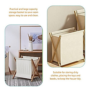 generic Laundry Basket Collapsible Bamboo Laundry Hamper with Cloth Bag - Freestanding X-Frame Clothes Hamper Organizer Household Storage Basket for Clothes Toys - Beige, 18x5x2 Inch