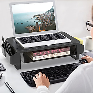 WALI Monitor Stand with Storage, Monitor Riser with Ventilation Drawer and Side Storage, Laptop Stand Riser for Desk, Printer Stands, (STT007), Black