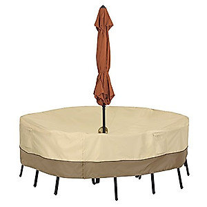 Classic Accessories 55-461-031501-00 Veranda Water-Resistant 70 Inch Round Patio Table & Chair Set Cover with Umbrella Hole,Pebble,Medium, Outdoor Table Cover