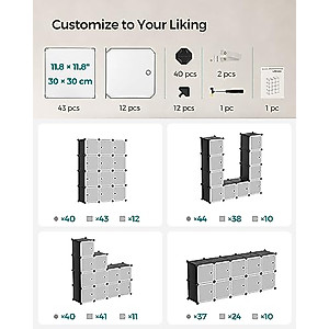 SONGMICS Cube Storage with Door, Set of 12 Plastic Cubes, Closet Storage Shelves, DIY Plastic Closet Cabinet, Modular Bookcase, Shelving with Doors for Bedroom, Living Room, Black and White ULPC34HV1