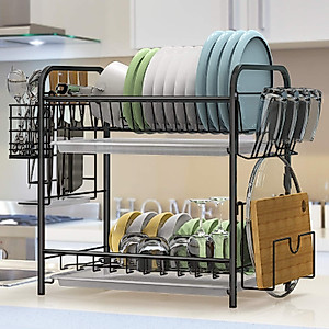 Auledio 2 Tier Dish Drying Rack with Utensil Knife Organizer Cutting Board Holder Dish Drainer Removable Drain Board,Black