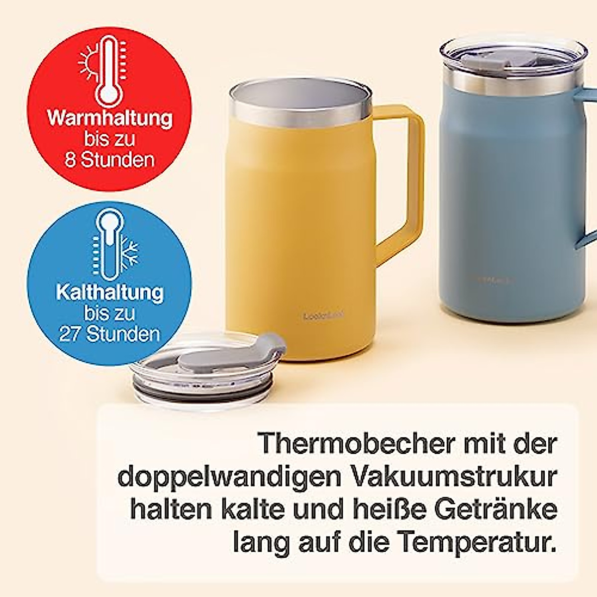 LocknLock Metro Mug Premium 18/8 Stainless Steel Double Wall Insulated with Handle Perfect for table with Lid, Yellow, 20 oz