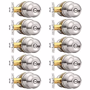 Probrico Bedroom Bathroom Door Knobs Brushed Nickel Door Handles, Interior Door Knobs Locks Privacy Door Knobs Stainless Steel, 10 Pack