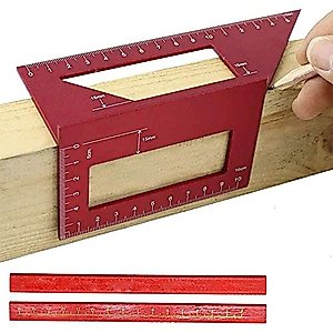 Aluminum Alloy Saddle Layout Square Gauge with 2 Pencils,Multifunctional 45/90 Degree Angle T Ruler 3D Mitre Angle Woodworking Measuring Tools