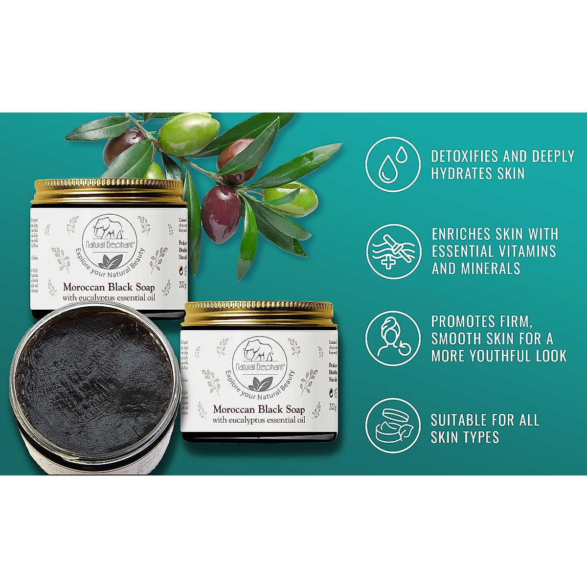 Natural Elephant Moroccan Black Soap With Eucalyptus Essential Oil 200g (7oz)