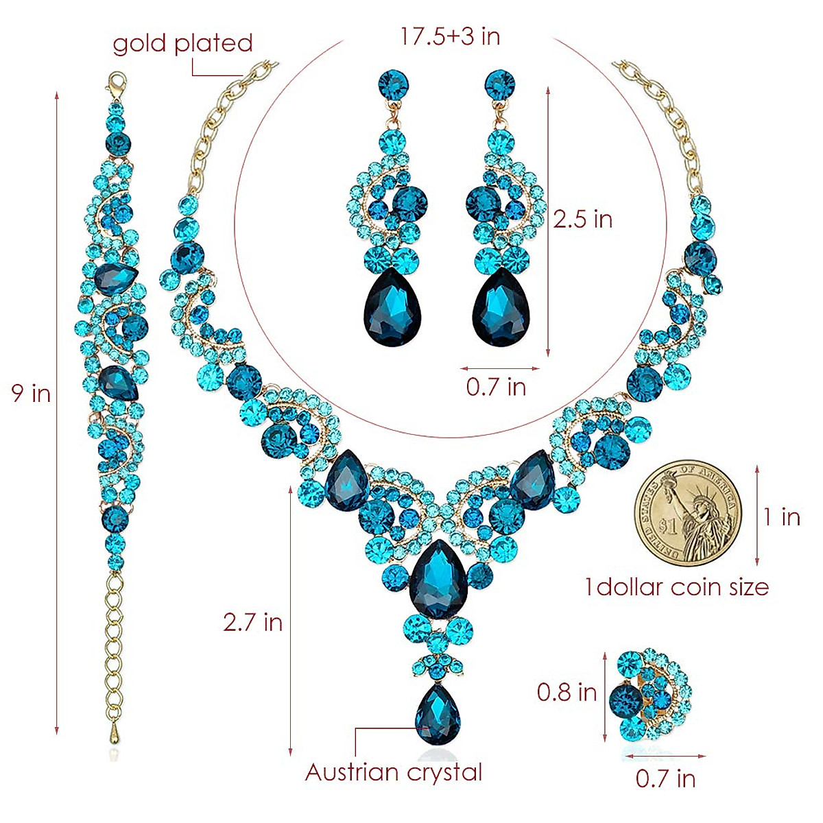 CSY 4 Pcs/Sets Elegant Crystal Necklace Earrings Bracelet Ring Bridal Wedding Costume Jewelry Sets for Brides Women Gifts (gold plated-aquamarine)