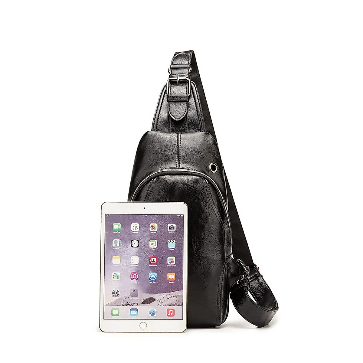 Leather Small Sling Bag,Crossbody Shoulder Bag for Men Women PU Leather Travel Cycle Hiking Daypack (Black)