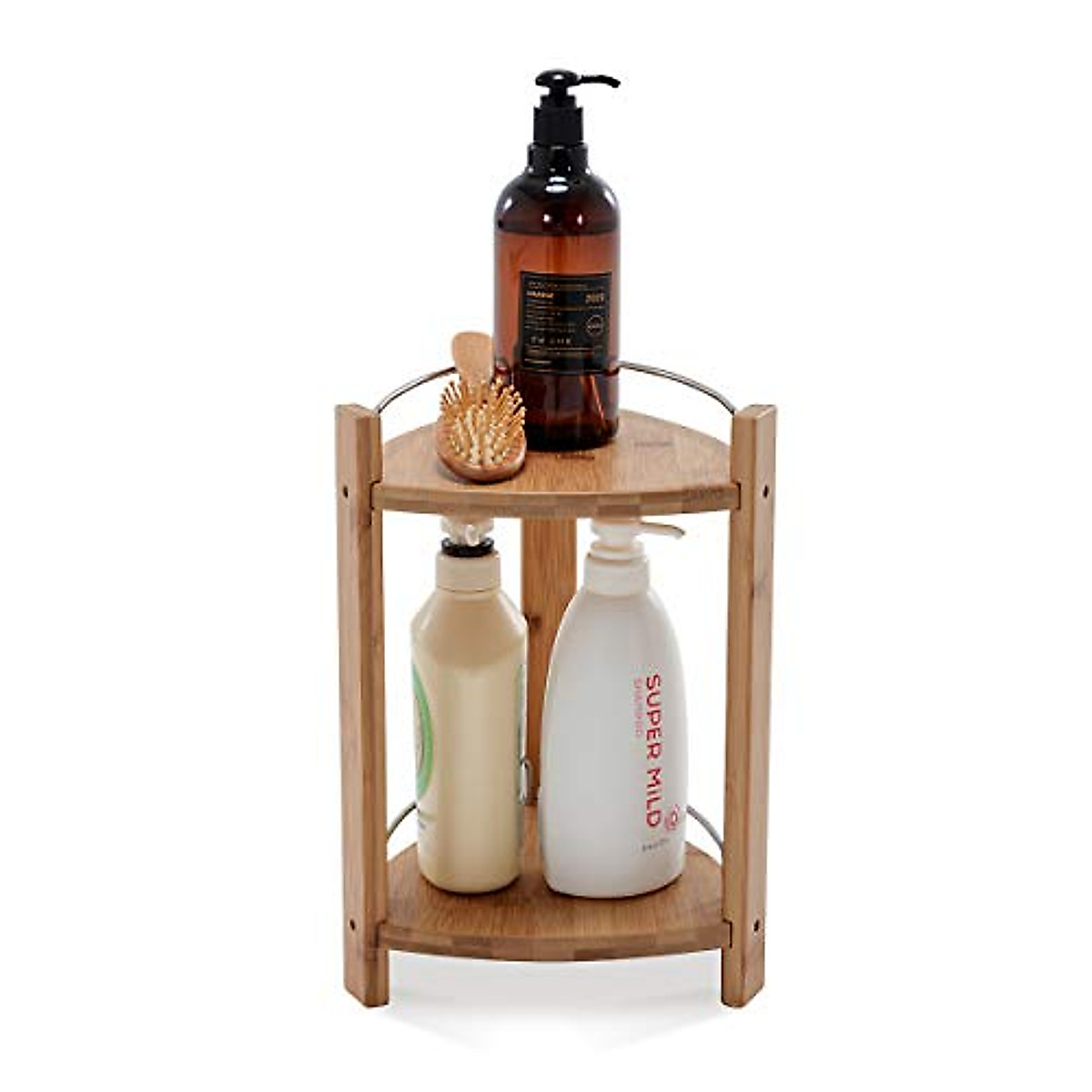 GOBAM Bamboo Shower Corner Caddy, Medium - 2 Tier Standing Shower Stand for Shampoo, Conditioner, Lotion, Soap - Caddy Organizer for Kitchen, Bedroom, or Office