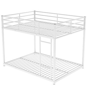 ZJIAH Metal Bunk Bed Full Over Full with Ladder, Low Bunk Bed Frame with Safety Guard Rails, Sturdy Heavy Duty Full Size Floor Bunk Beds Frames for Teens, No Box Spring Required, White