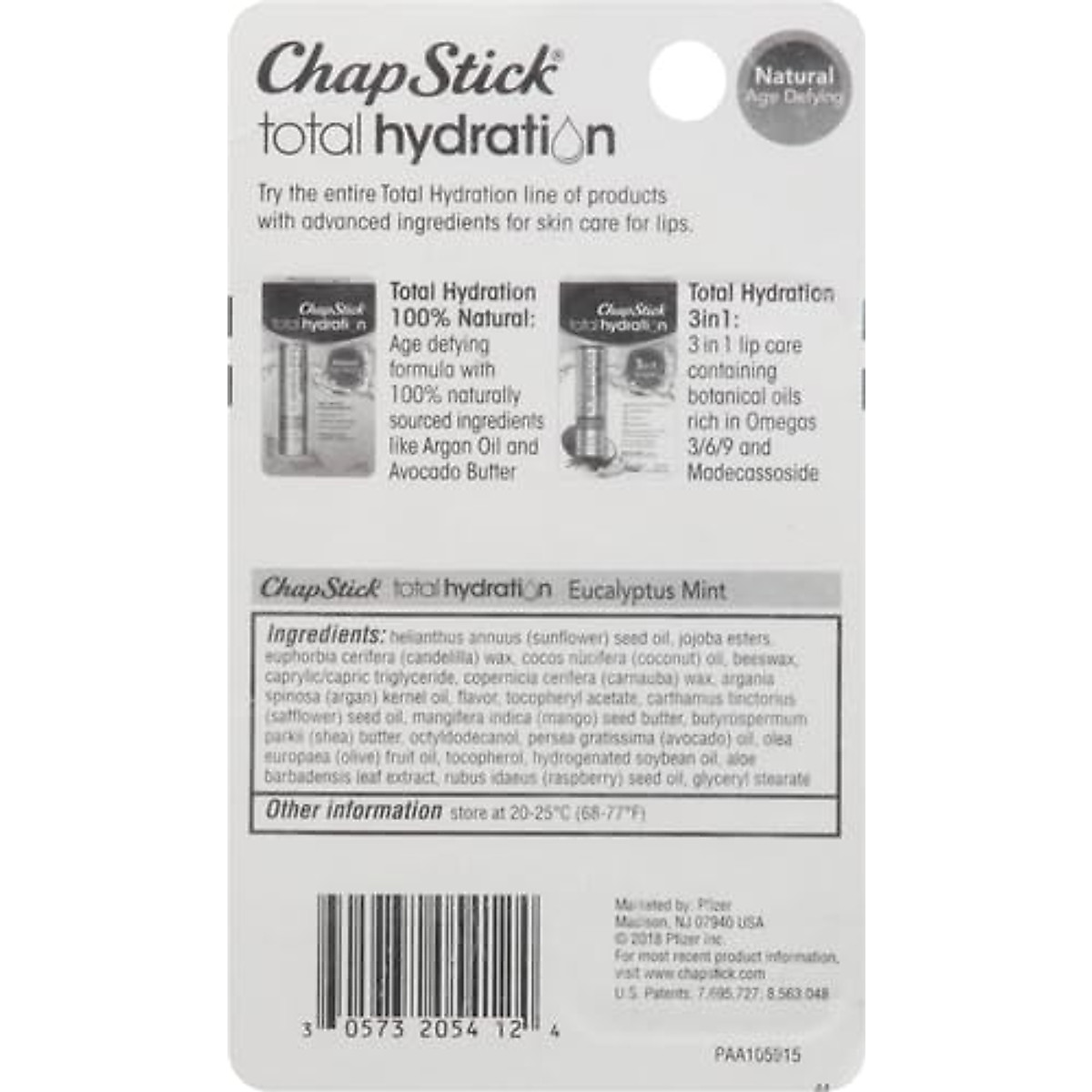 Chapstick Total Hydration (Eucalyptus Mint Flavor, 0.12 Ounce) Flavored Lip Balm Tube, Natural Age Defying Lip Care, Clinically Proven, Non-tinted, Eucalyptus Mint, 1 Count
