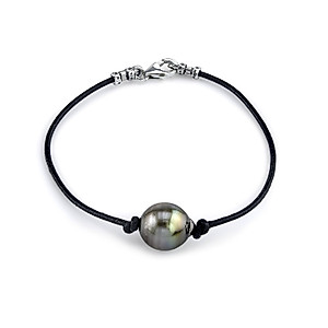 The Pearl Source Sterling Silver 12mm AAAA Quality Baroque Black Tahitian Cultured Pearl Leather Bracelet for Women