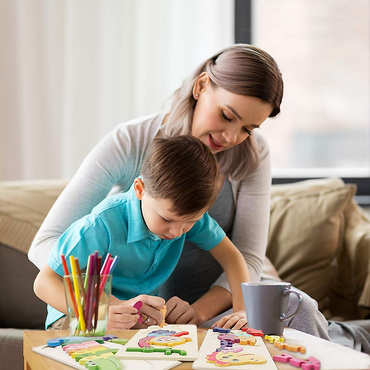 Wooden Jigsaw Puzzle Toy for Toddlers 1-3 Years Old- 3 Sets of Animals Dinosaur Crocodile Monkey,Colorful Wood Numbered Puzzles Baby Infant Kid Preschool Learning Educational Toys.