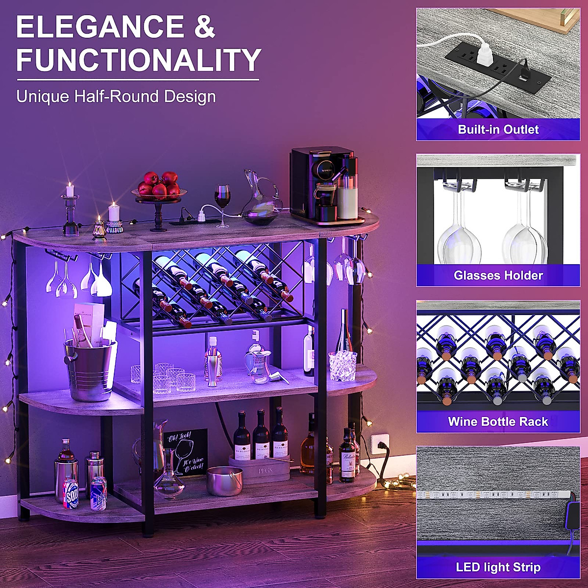 Unikito 4-Tier Metal Coffee Bar Cabinet with Outlet and LED Light, Freestanding Floor Table for Liquor Glass Holder Wine Rack Storage, Bakers Kitchen Dining Room, White Oak