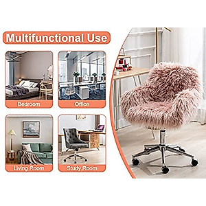 Pink Desk Chair Faux Fur Pink Office Chair Height Adjustable - Modern Cute Desk Chair Computer Chair Vanity Chair for Makeup Room, Fluffy Desk Chair with Wheels, Swivel Accent Chair for Bedroom Living