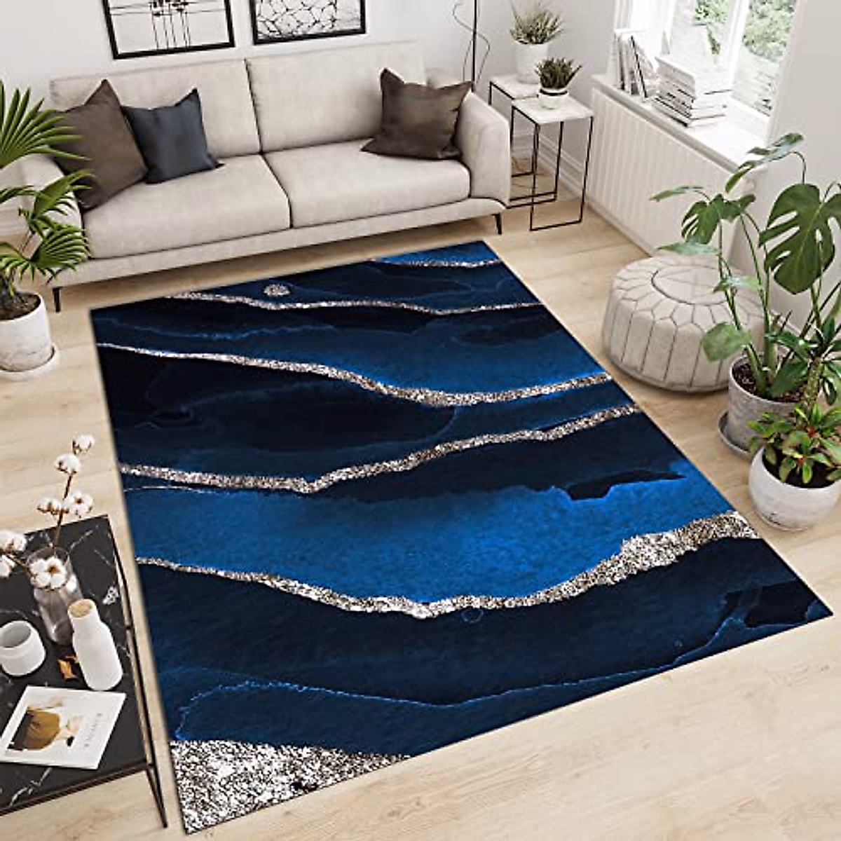 Luxury Navy Blue Marble Area Rug, Black Starry Silver Lines Living Room Rugs, Non Slip Machine Washable Easy Care Carpet for Indoor Bedroom Study Apartment Home Decor - 3 ft x 4 ft