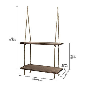 Flexzion Wall Hanging Shelf for Plants, 2 Tier Floating Rope Shelves with Hooks, Boho Wall Decorations for Bedroom Bathroom Living Room Farmhouse Rustic Decor Display Shelf for Plant