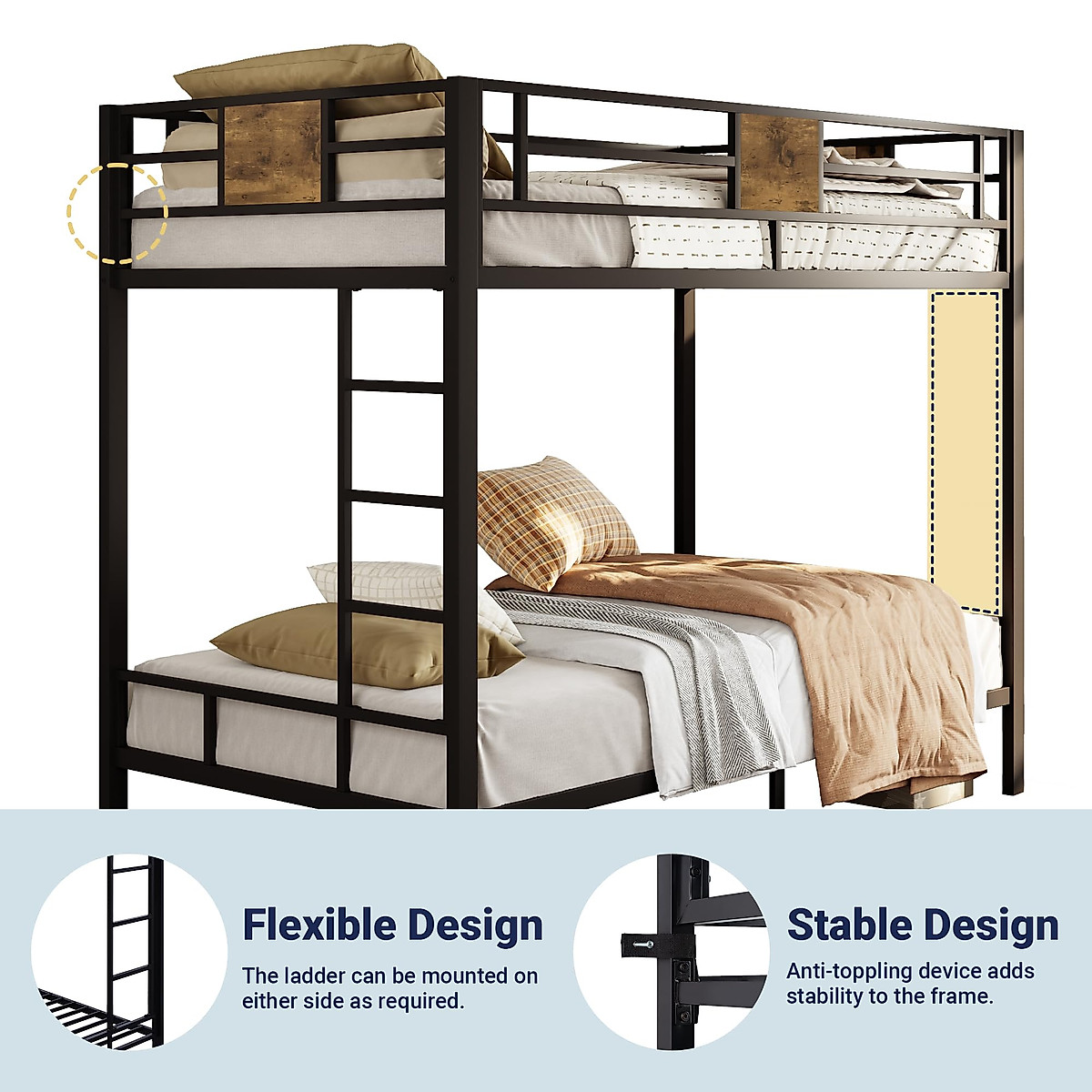 Allewie Twin Over Twin Bunk Bed with Rustic Wooden Accents, Sturdy Metal Frame, Space-Saving Design, Noise-Free, Black