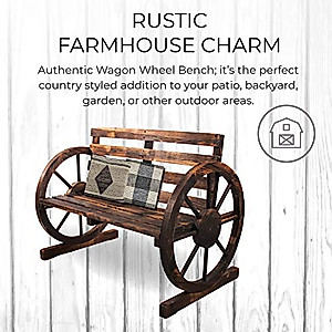 BACKYARD EXPRESSIONS PATIO · HOME · GARDEN 906969-NM Rustic Outdoor Wagon Wheel Design-Slatted Farmhouse Garden, Patio, Porch | Burnt Wood Finish | 2-Person Bench | Backyard Expressions, Brown