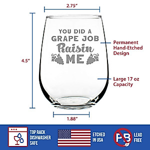 Grape Job Raisin Me - Stemless Wine Glass for Mom - Cute Funny Wine Gift Idea - Unique Personalized Glasses for Mother's Day or Birthday