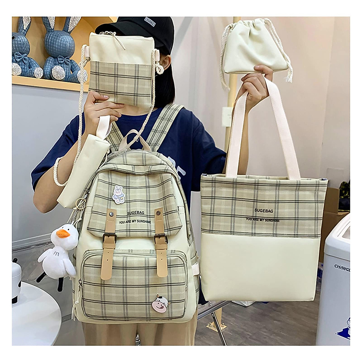 Hopecn Kawaii Backpack Set 5Pcs for Teen Girls Aesthetic School Bookbags with Cute Pendant Back to School Supplies.(Yellow)