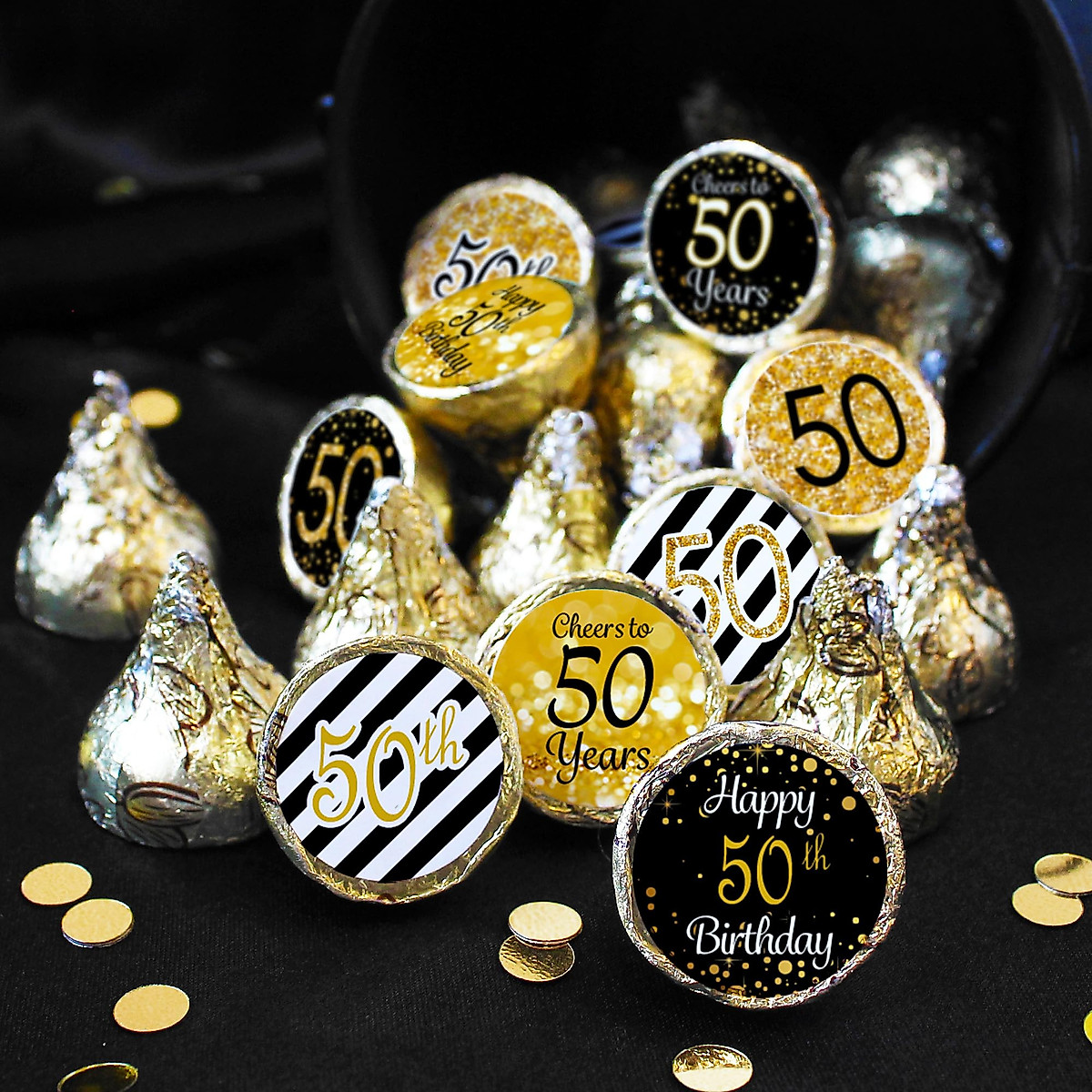Black and Gold 50th Birthday Party Favor Chocolate Kisses Candy Stickers - 180 Labels