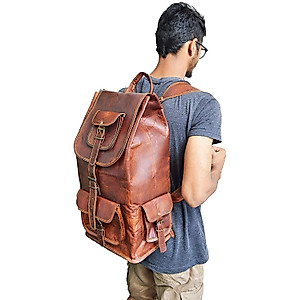 jaald 18" Brown Leather Backpack Vintage Rucksack Laptop Bag Water Resistant Casual Daypack College Bookbag Comfortable Lightweight Travel Hiking/Picnic for Men