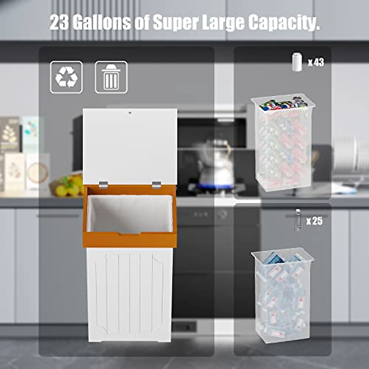 JEROAL Wood Kitchen Trash Can, Trash Can Cabinet, 23 Gallon Large Kitchen Garbage Cabinet with Lid, Dog Proof Trash Can, Recycle Trash Bin for Kitchen, Bathroom Home and Outdoor, White